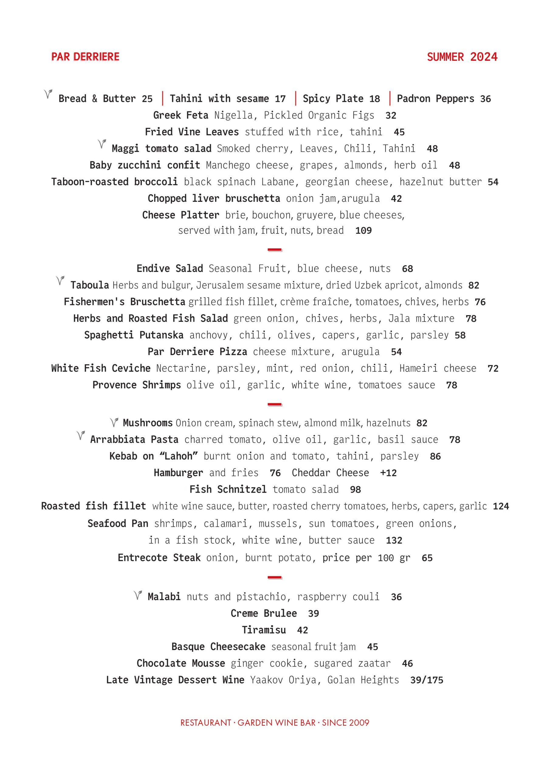 Evening Menu - Par Derrière